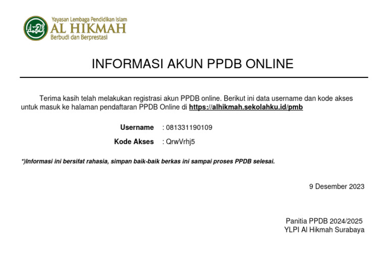 Informasi Akun Pendaftar PPDB | PDF