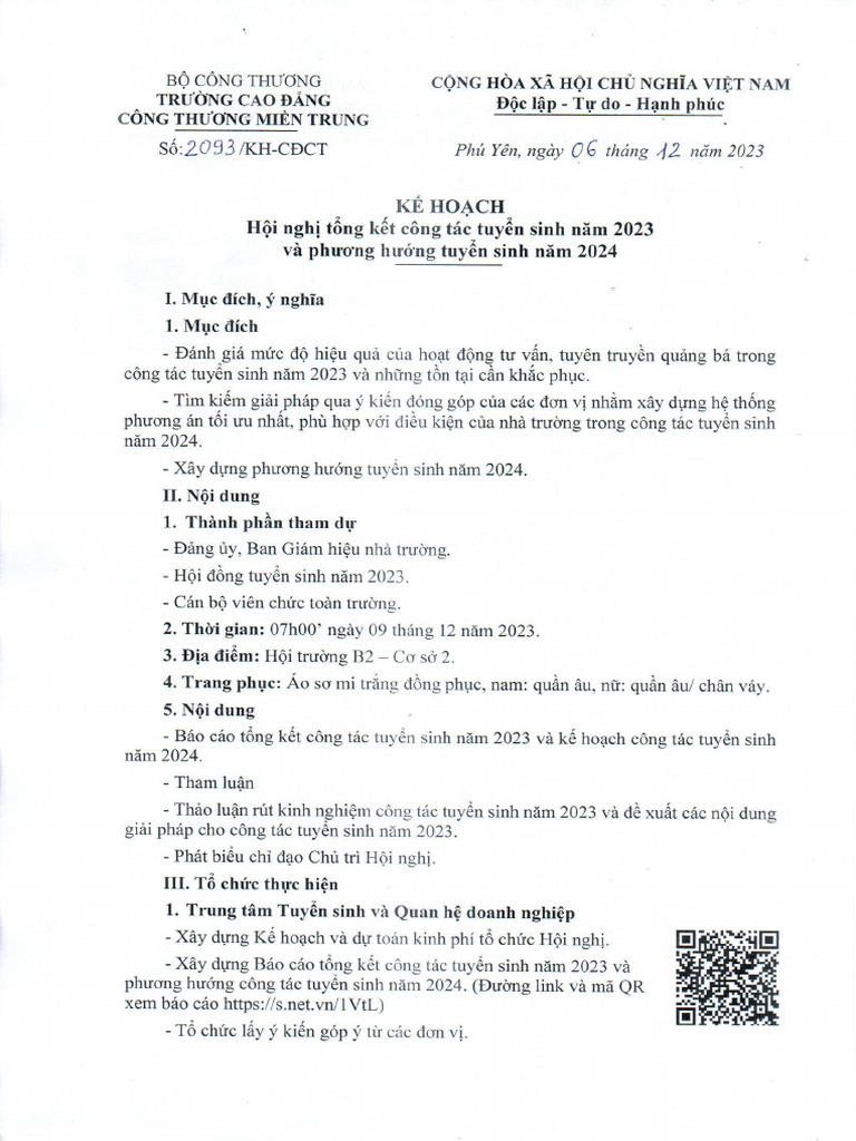 So 2093 06.12.2023 KH HN Tong Ket Cong Tac Tuyen Sinh Nam 2023 Va Phuong Huong Tuyen Sinh Nam ...