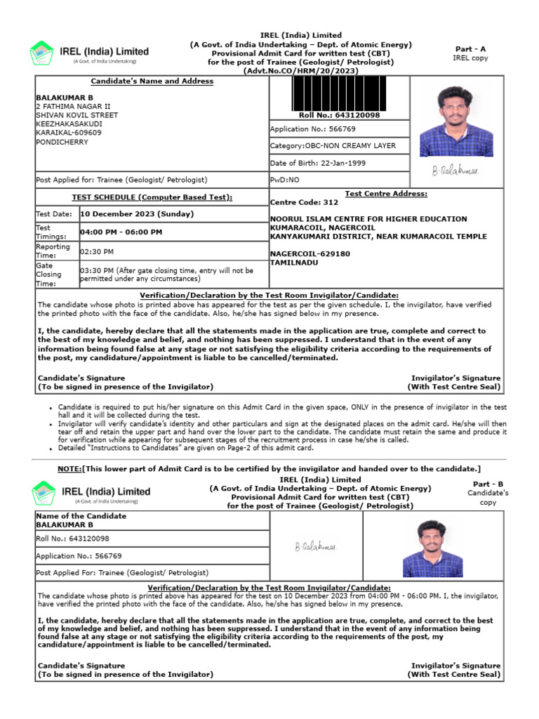 IREL Trainee Geologist Admit Card | PDF | Signature | Identity Document