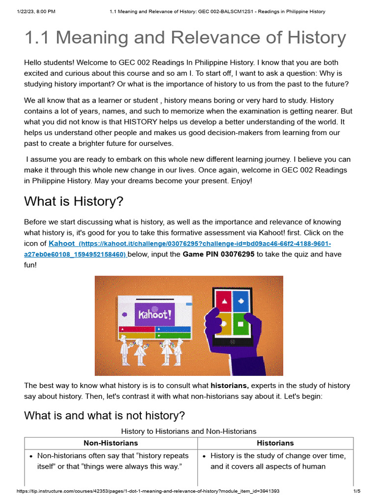1.1 Meaning and Relevance of History - GEC 002-BALSCM12S1 - Readings in Philippine History | PDF ...