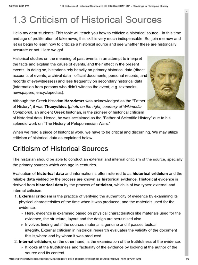1.3 Criticism of Historical Sources - GEC 002-BALSCM12S1 - Readings in Philippine History | PDF ...