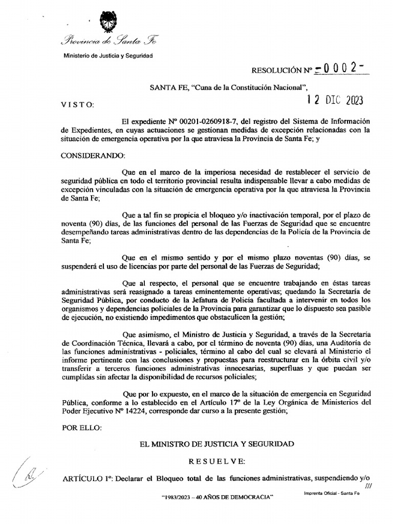 Resolución Del Ministerio De Seguridad Santa Fe N º 0002 2023 Pdf Policía Agencia De La Ley