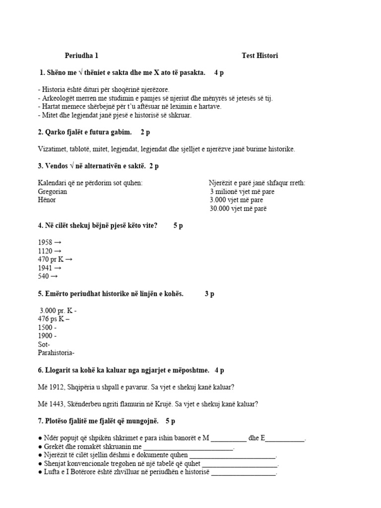 Test Histori 5 Tremujori I Pare | PDF