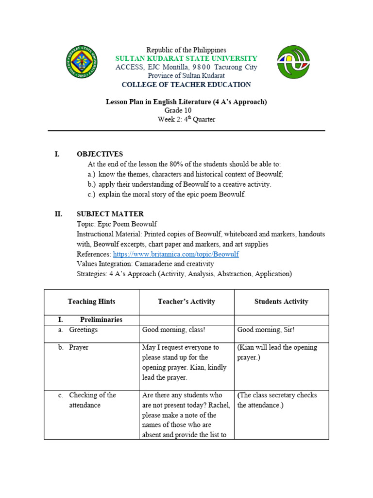 Detailed Lesson Plan in English 315 | PDF | Beowulf | Lesson Plan