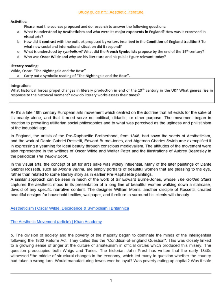 Study guide n°9: Aesthetic literature | PDF | Symbolism (Arts) | The Arts