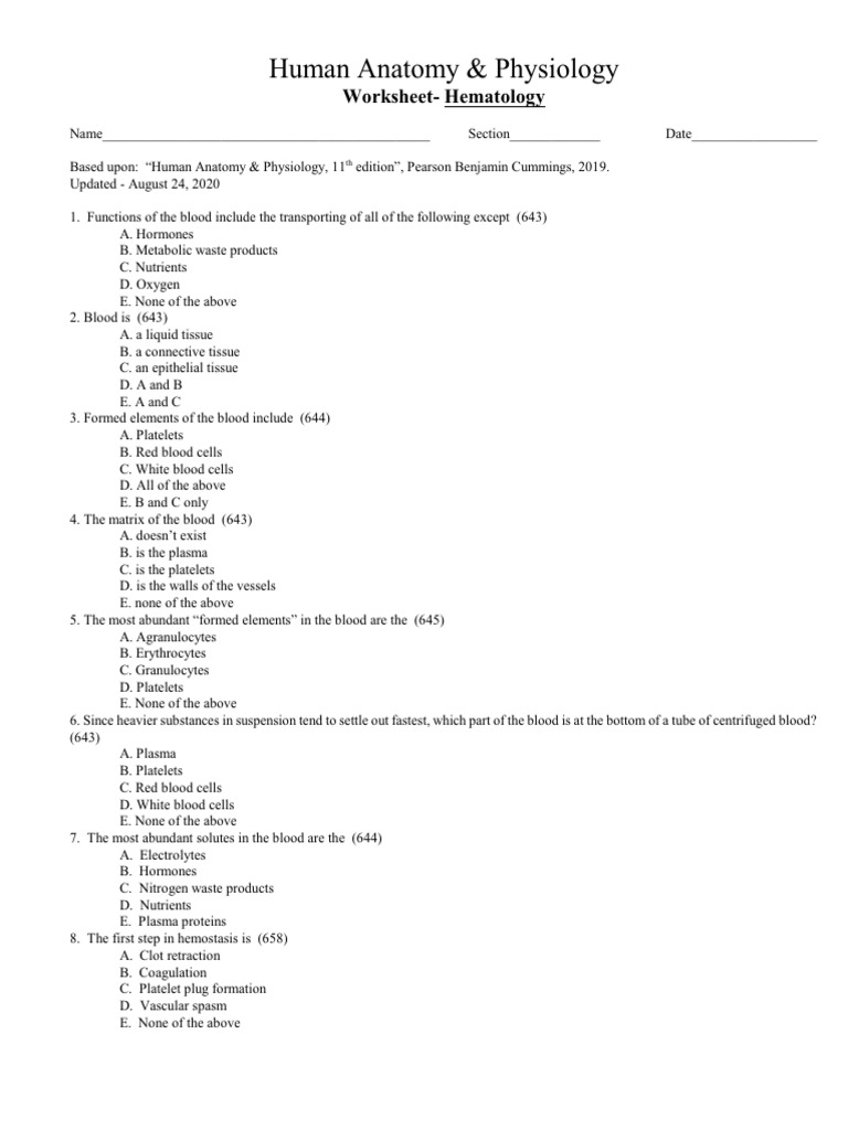 Worksheet 2 - Hematology - 2020 (11th Ed) | PDF | Blood | Granulocyte