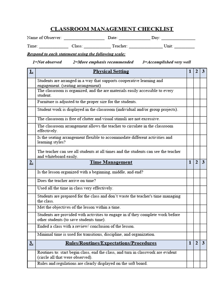 ClassroomObservation Checklist | PDF | Classroom | Teachers