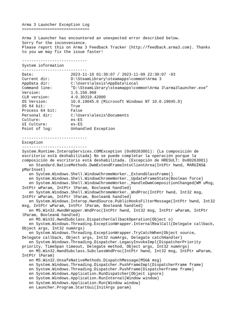 Arma3Launcher Exception 20231110T013008 | PDF | Shell (Computing) | Microsoft Windows