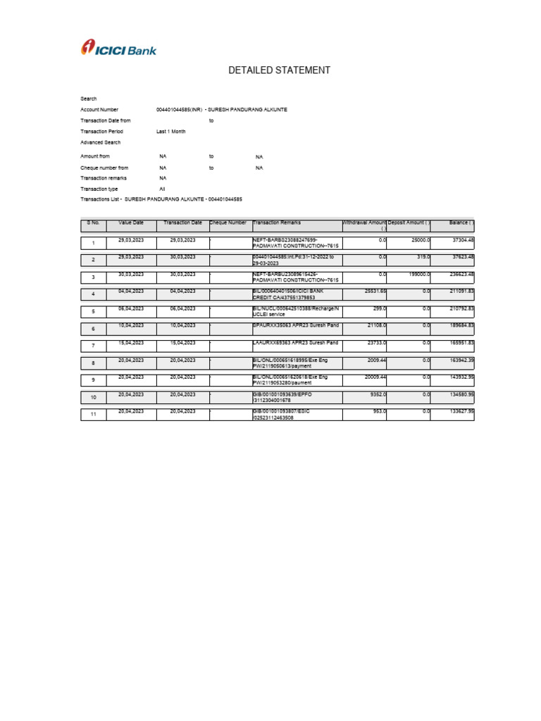 Last 1 Month Icici Bank Statements | Download Free PDF | Payments | Banks