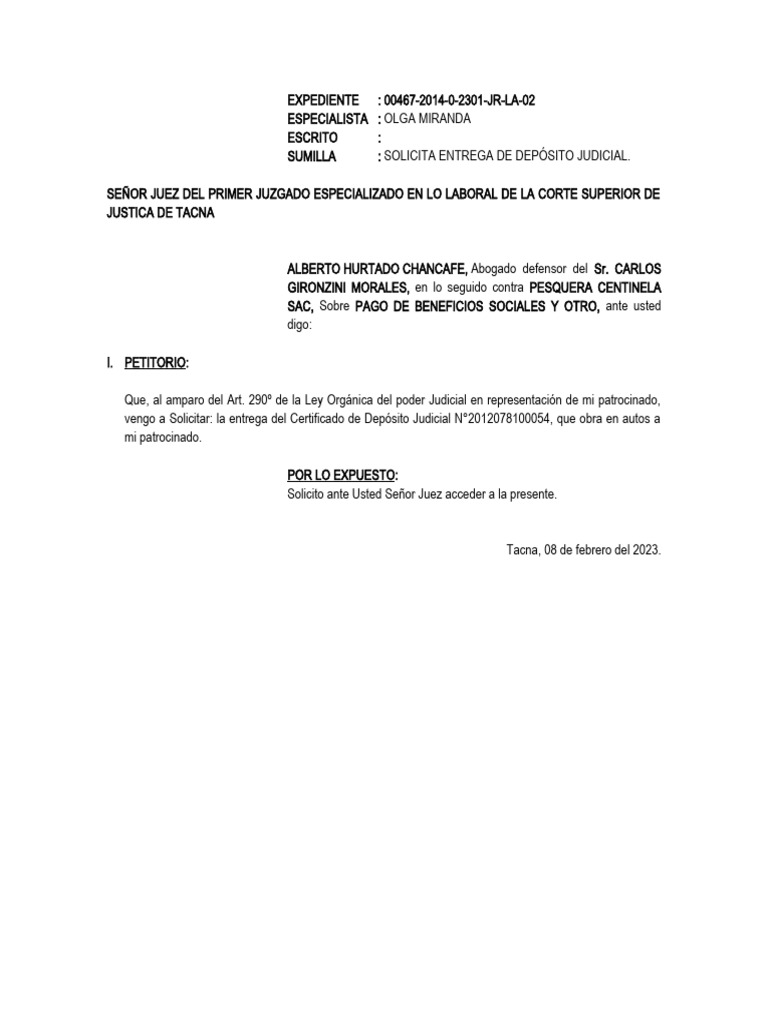 Solicito Entrega de Deposito Judicial | PDF