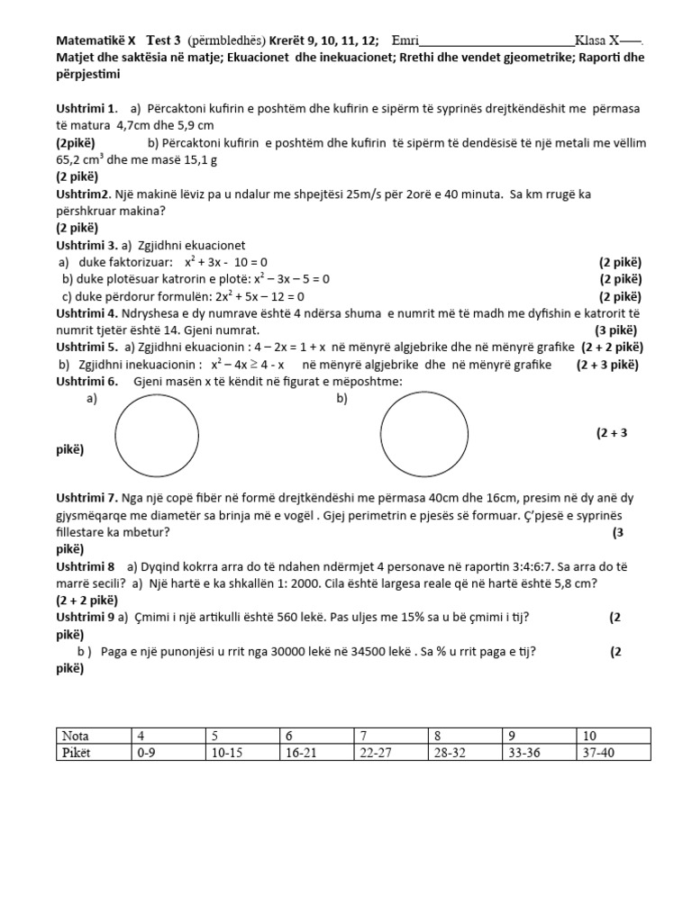 Matematikë X Test 3 | PDF