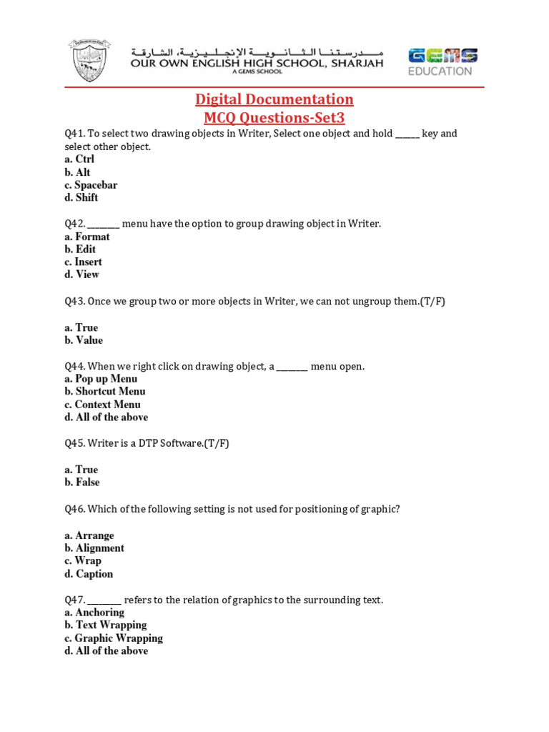 Class 10 Digital Documentation MCQs | PDF | Computers