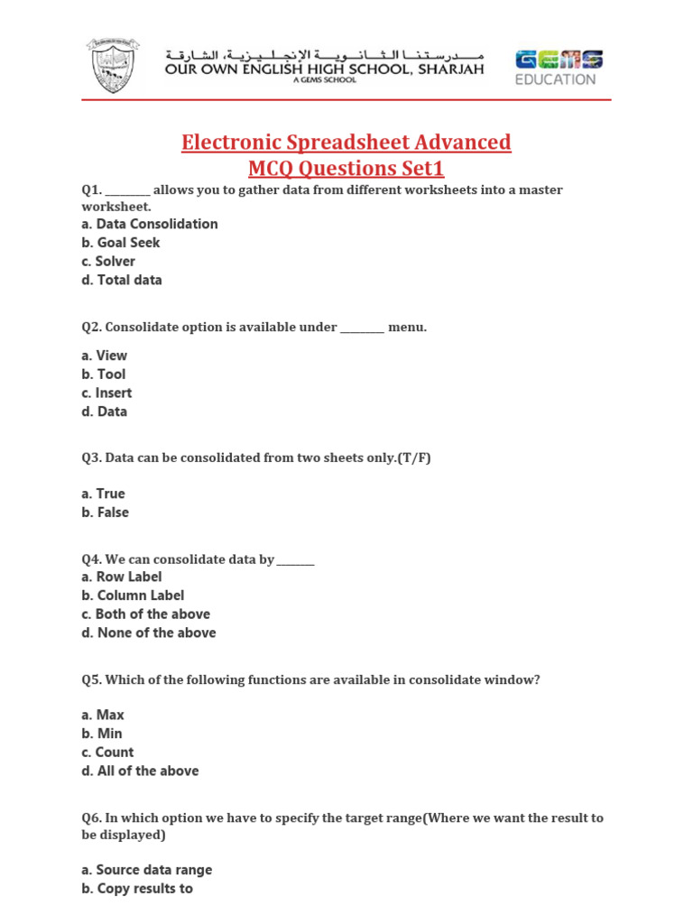 Electronic Spreadsheet Advanced - MCQ - Set1 | PDF | Spreadsheet ...