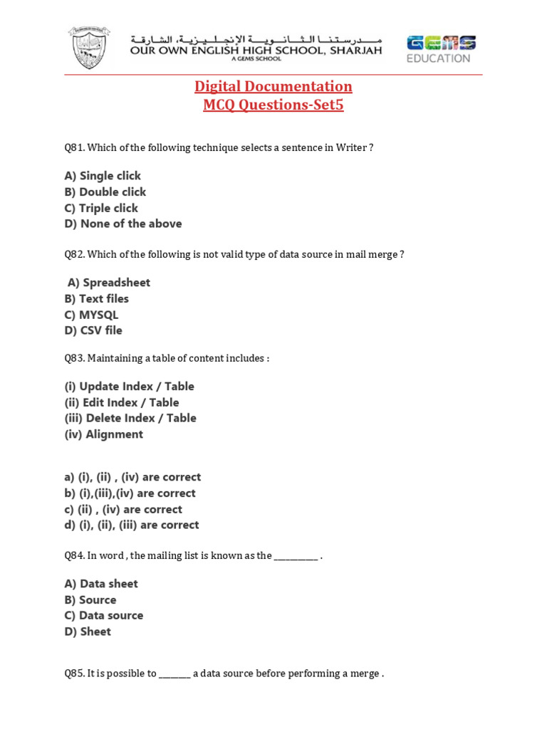 Digital Documentation - MCQ Questions - Set5 | PDF | Computing | Software