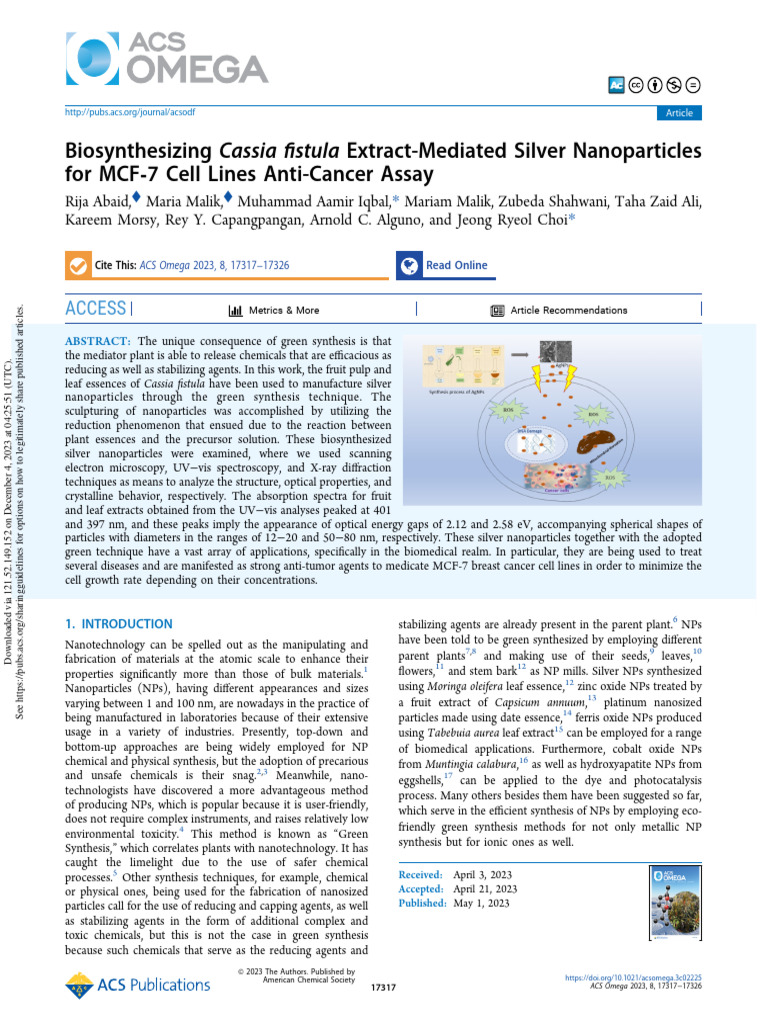 Abaid Et Al 2023 Biosynthesizing Cassia Fistula Extract Mediated Silver Nanoparticles For MCF 7 ...