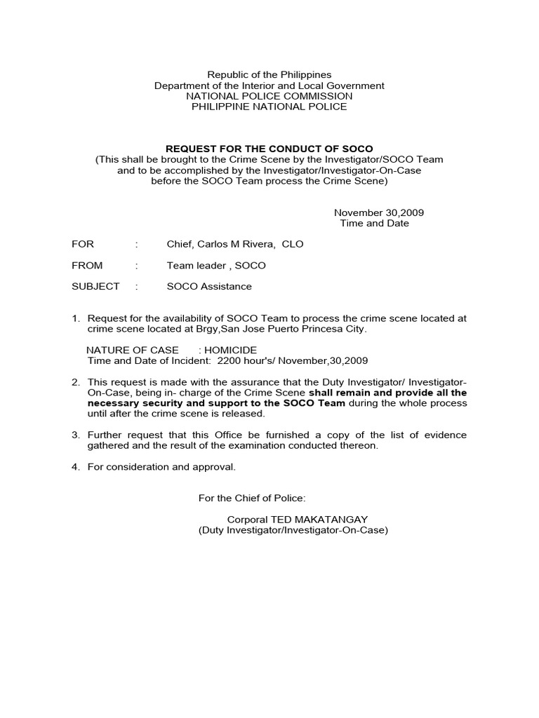 CSI Form 2 Request For The Conduct of SOCO | PDF