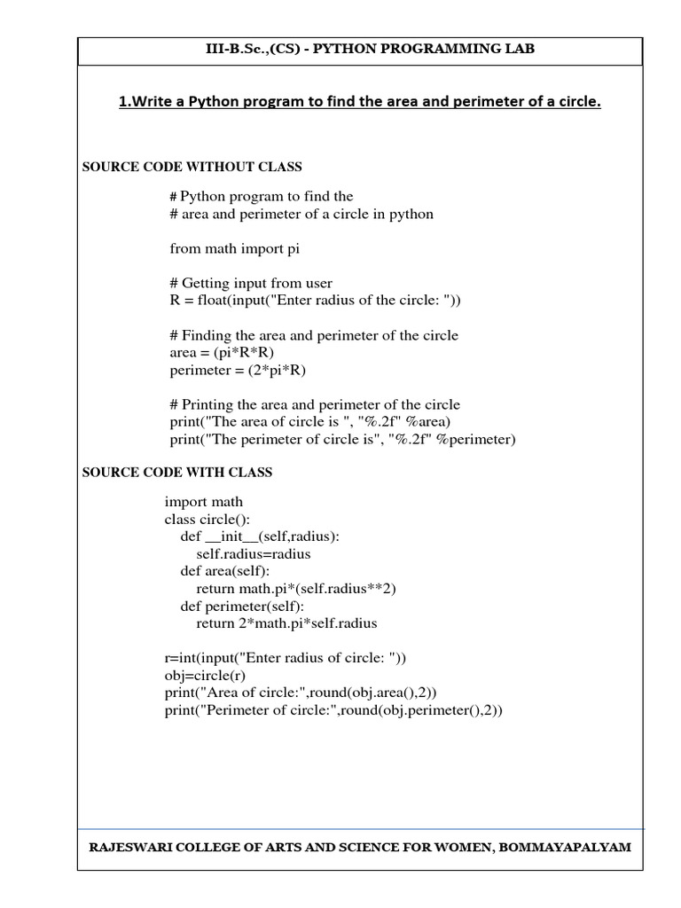 III-bsc Python Lab-Record | PDF | Python (Programming Language) | Area