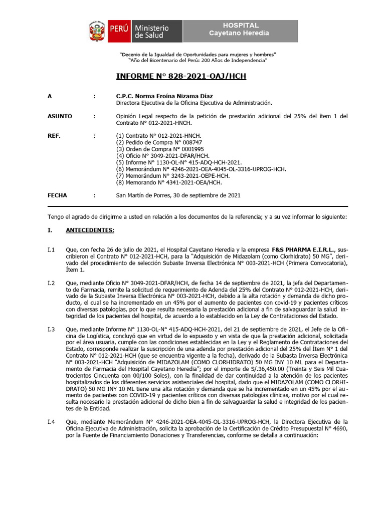 Informe Adicional 25% - Mascarillas - CONTRATO 012-2021 HCH | PDF | Hospital