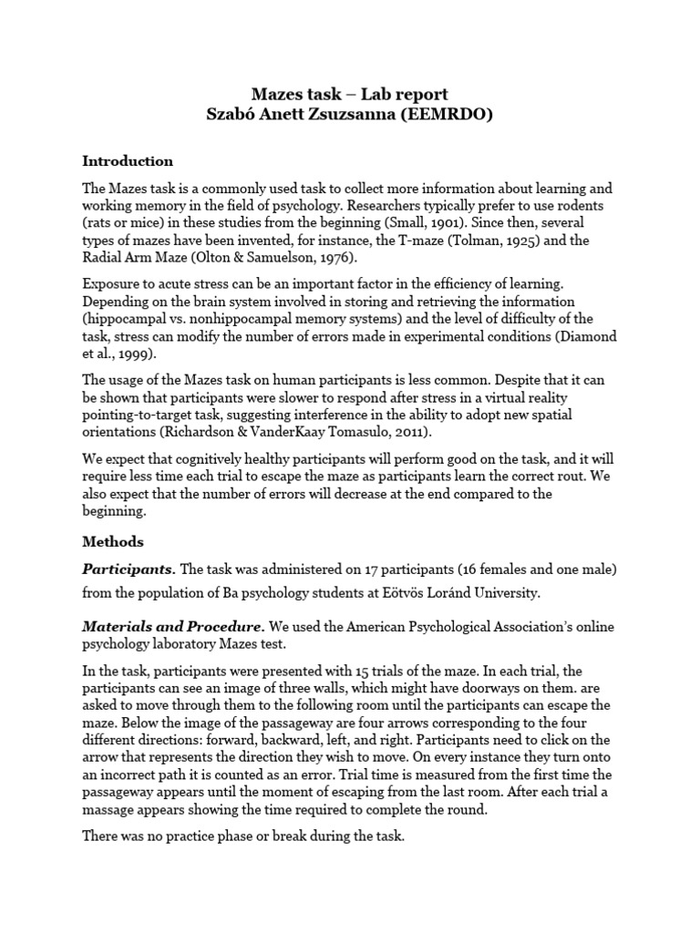 Mazes Task | PDF | Cognitive Science | Psychological Concepts