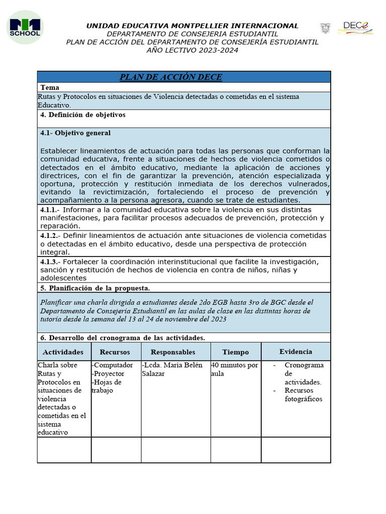 Plan de Acción DECE 2023-2024 | PDF | Justicia | Crimen y violencia