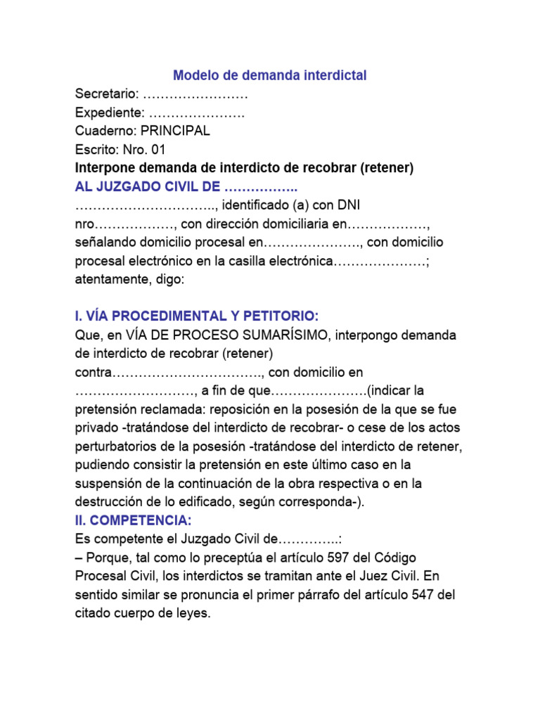 Modelo de Demanda de Interdicto | PDF | Demanda judicial | Ley procesal
