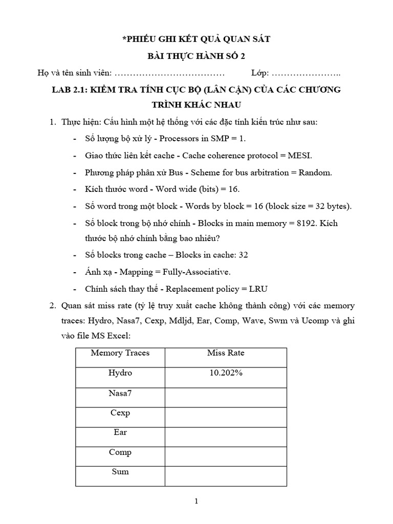 Thuchanh - Cache - Phieu Ghi Ket Qua | PDF