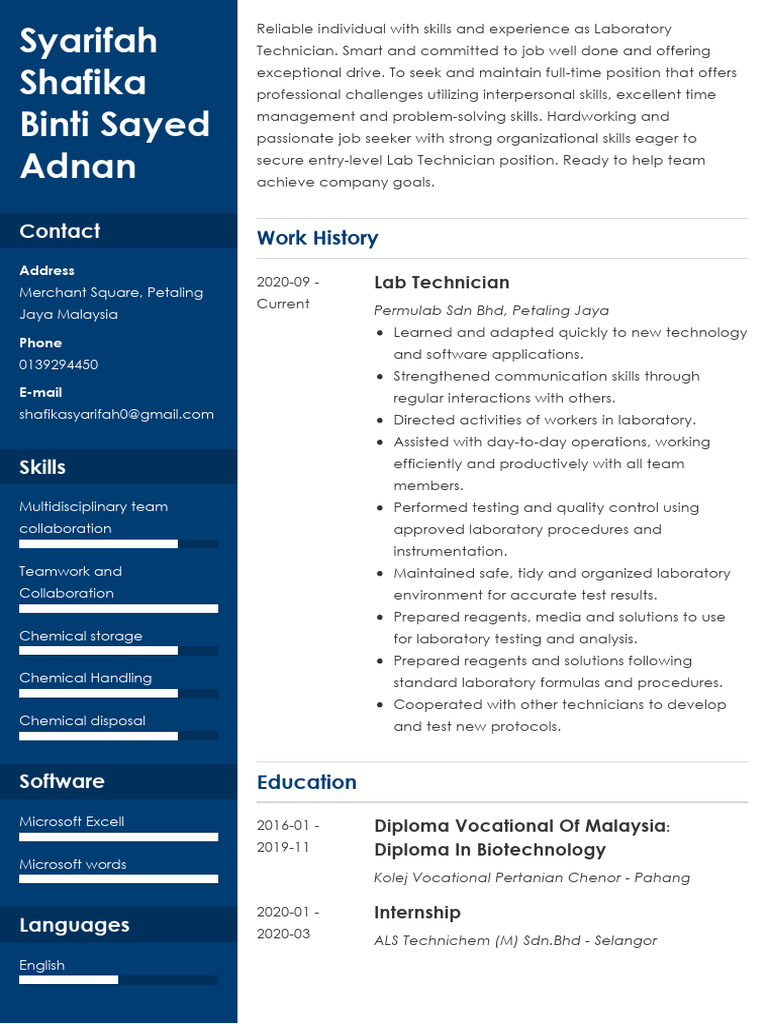 Syarifah Shafika - Binti Sayed Adnan - Resume - 3 | PDF | Laboratories | Human Communication