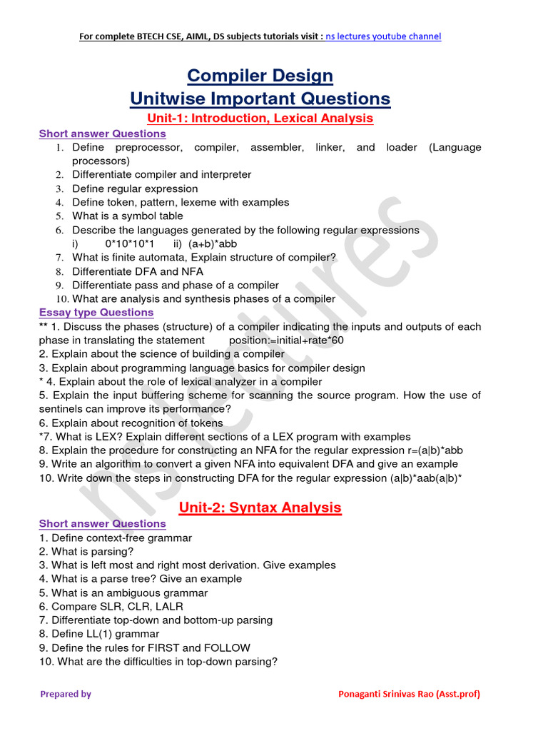 CD Unitwise Imp Questions | PDF | Compiler | Parsing