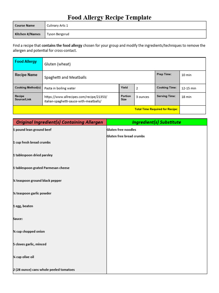 Food Allergy Lab - Recipe Template | PDF