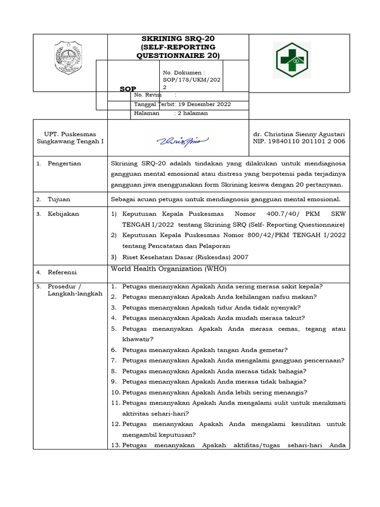 Prosedur Skrining SRQ-20 untuk Kesehatan Mental | PDF