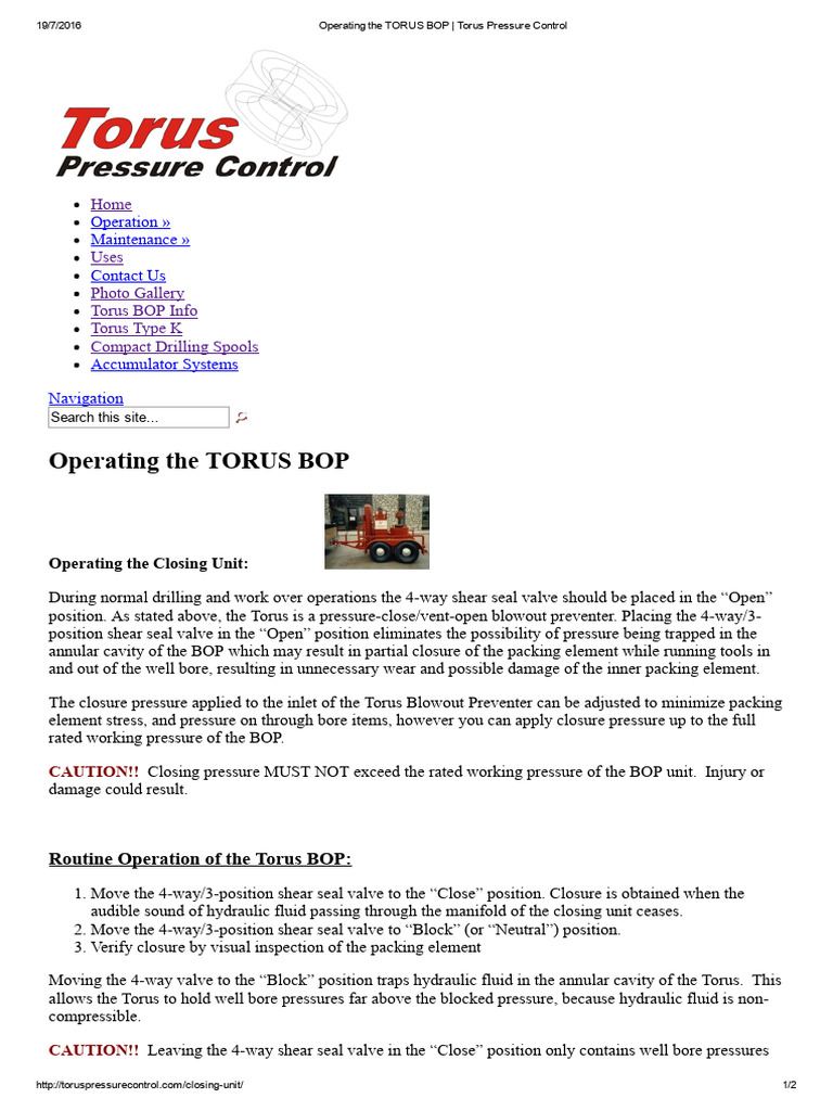 Operating The TORUS BOP - Torus Pressure Control | PDF | Gas ...