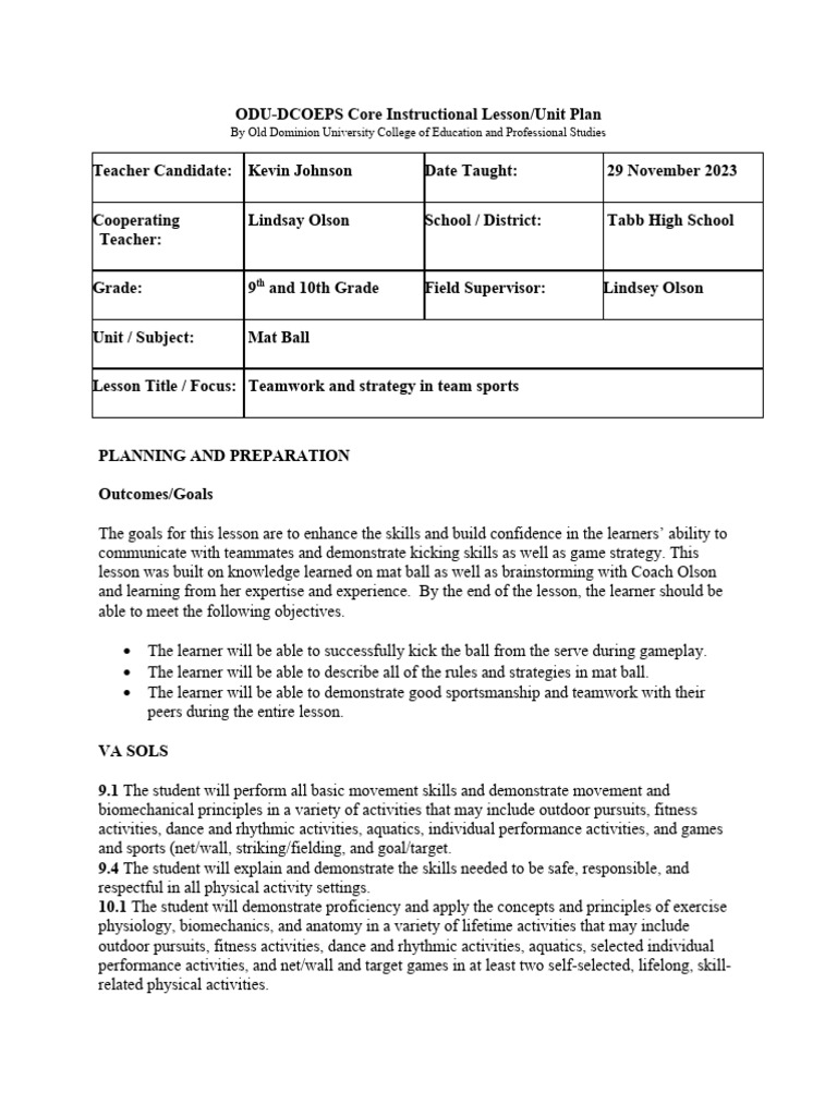 Mat Ball Lesson Plan for PE Class | PDF | Learning | Lesson Plan