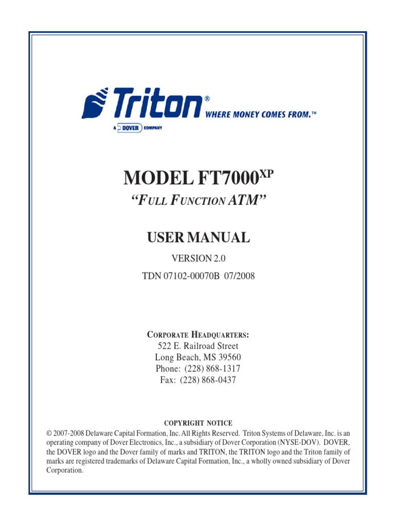 Triton MODEL FT7000XP | PDF | Automated Teller Machine | Ip Address