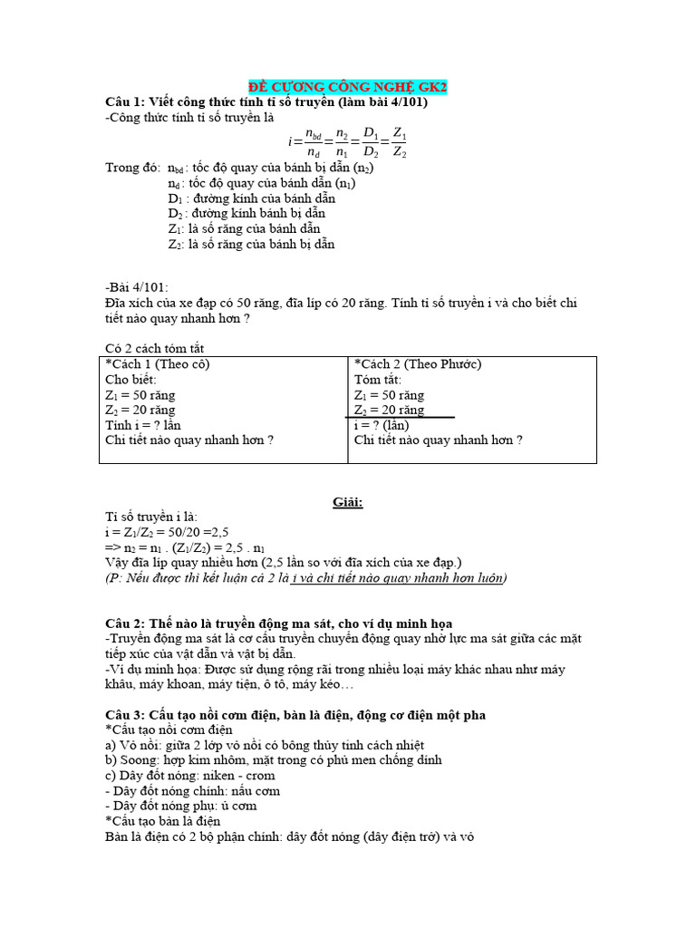 ĐỀ CƯƠNG CÔNG NGHỆ GK2 | PDF