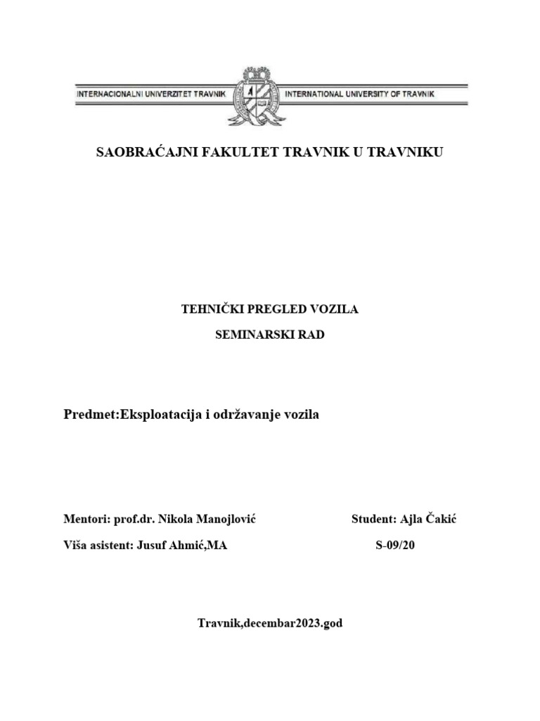 EKSPLOATACIJA I ODRŽAVANJE VOZILA (Tehnički Pregled Vozila) | PDF