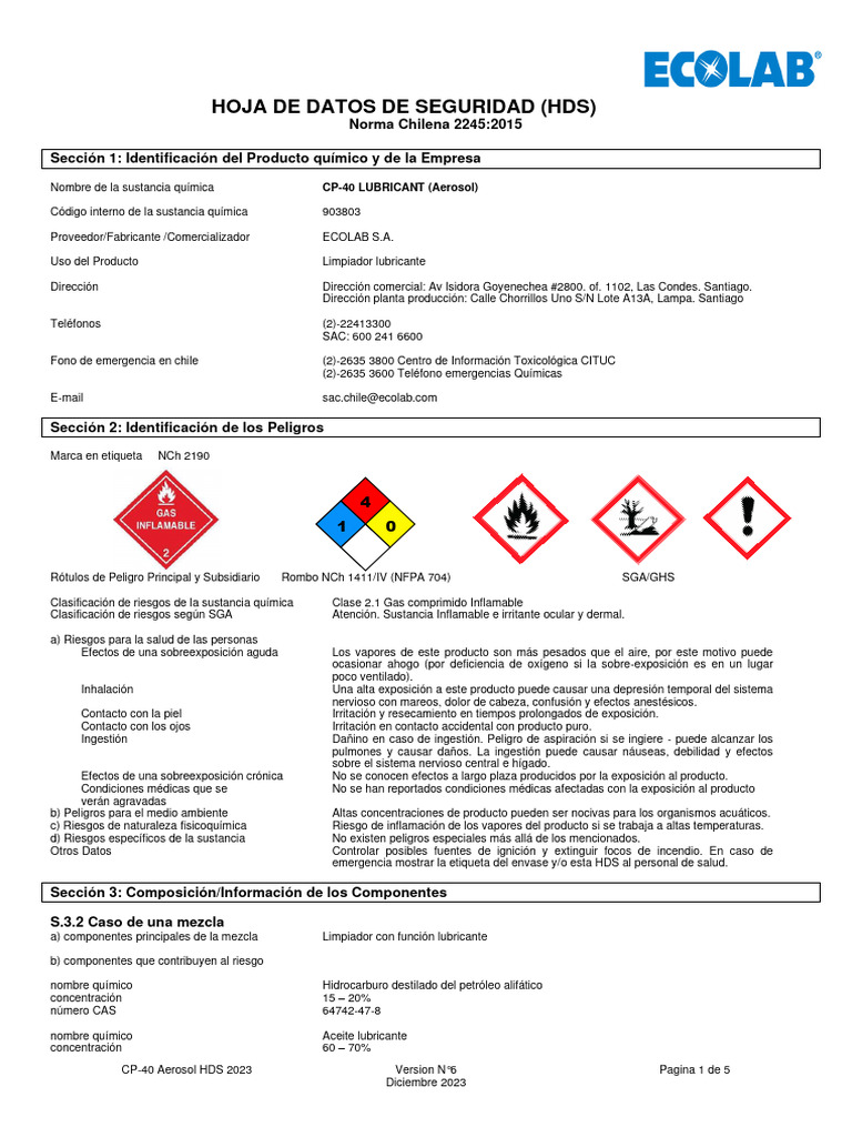 HDS CP40 Lubricante - Ecolab | PDF | Agua | Residuos