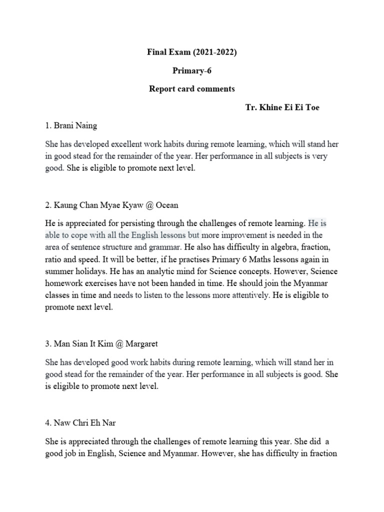 P 6, Report Card Comments, Final Exam, 2021-22 | PDF | Science | Behavior Modification