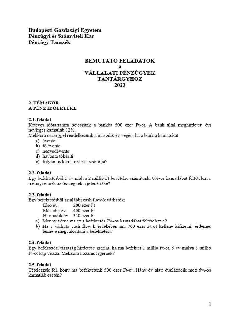 Váll. Pü. - Bemutató Feladatok 2023 - Féléves | PDF