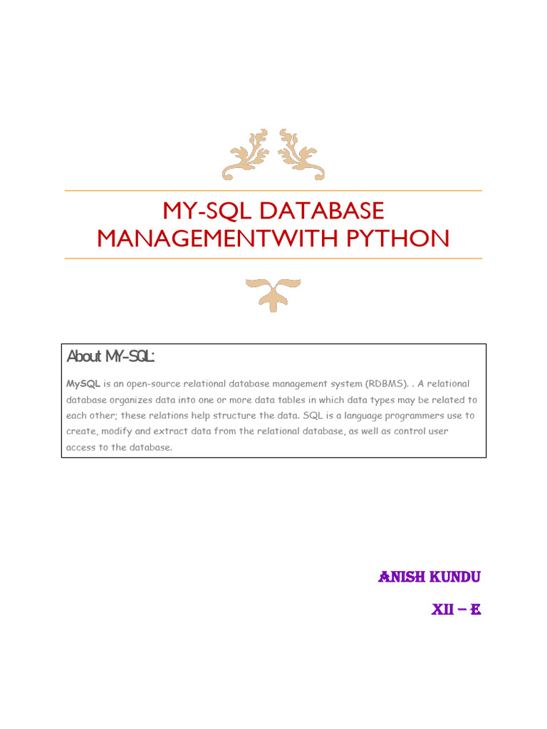 Hotel Management - Anish Kundu - XII-E - Anish Kundu | PDF | My Sql | Databases