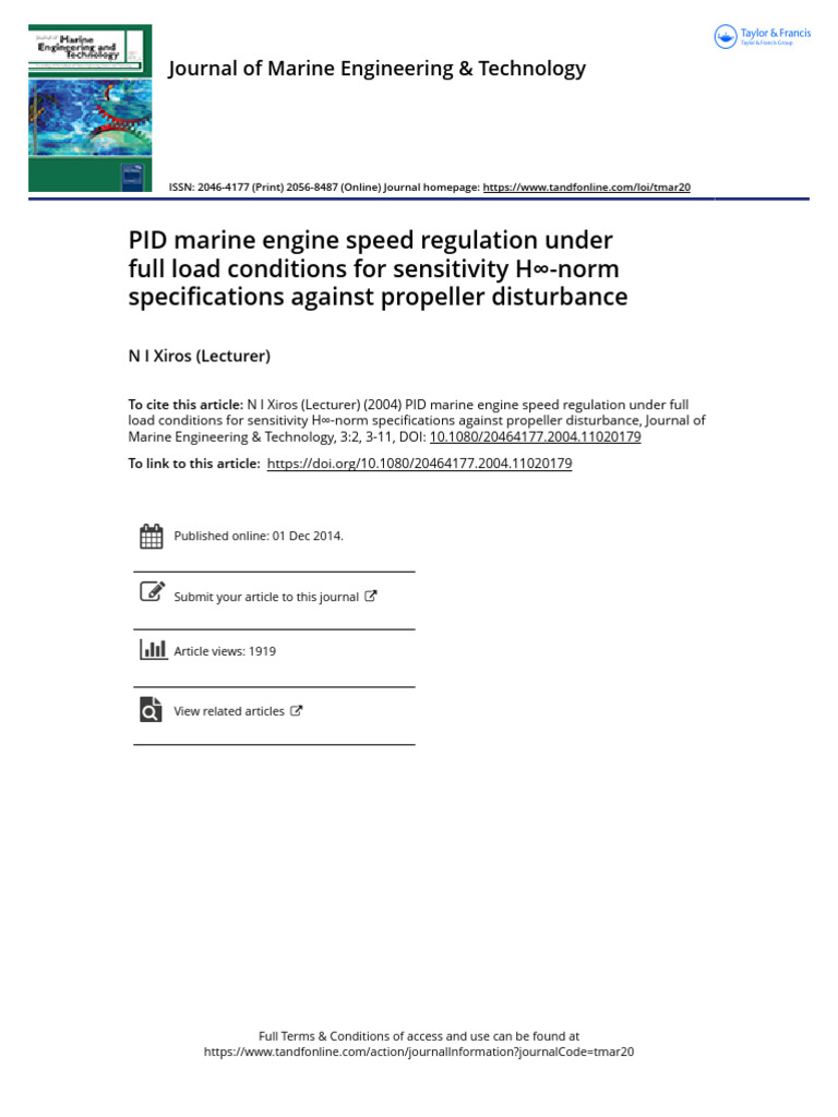 PID Marine Engine Speed Regulation Under Full Load Conditions For Sensitivity H Norm ...
