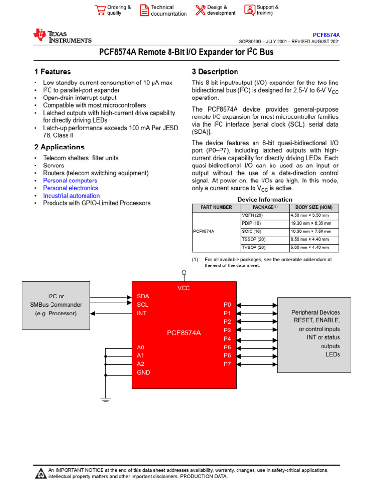 PCF 8574 A | PDF | Electrostatic Discharge | Input/Output