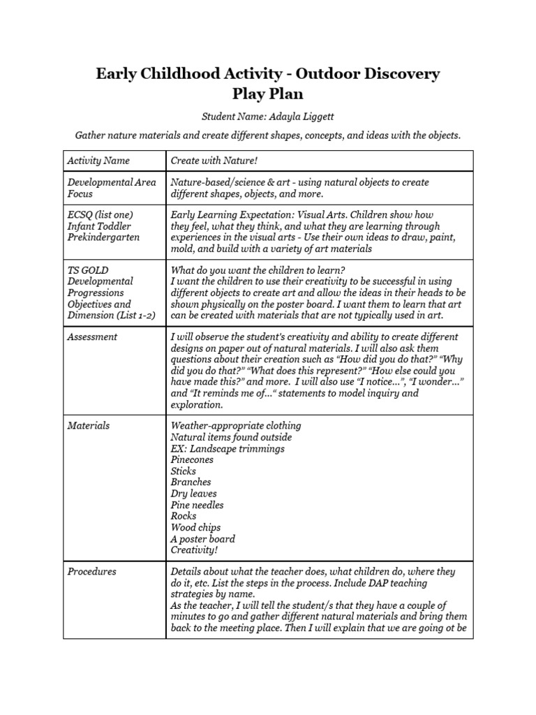 Play Plan - Adayla Liggett | PDF | Developmental Psychology | Creativity