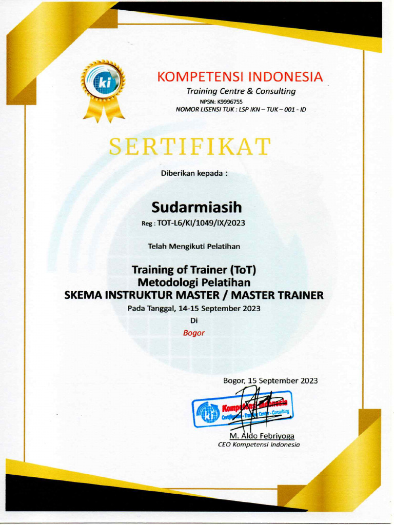 Sudarmiasih Contoh Sertifikat Master | PDF