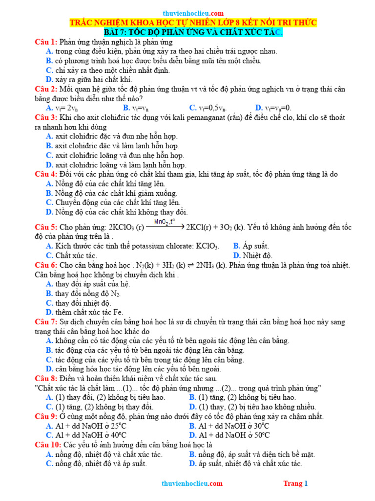 Trac Nghiem KHTN 8 KNTT Bai 7 | PDF