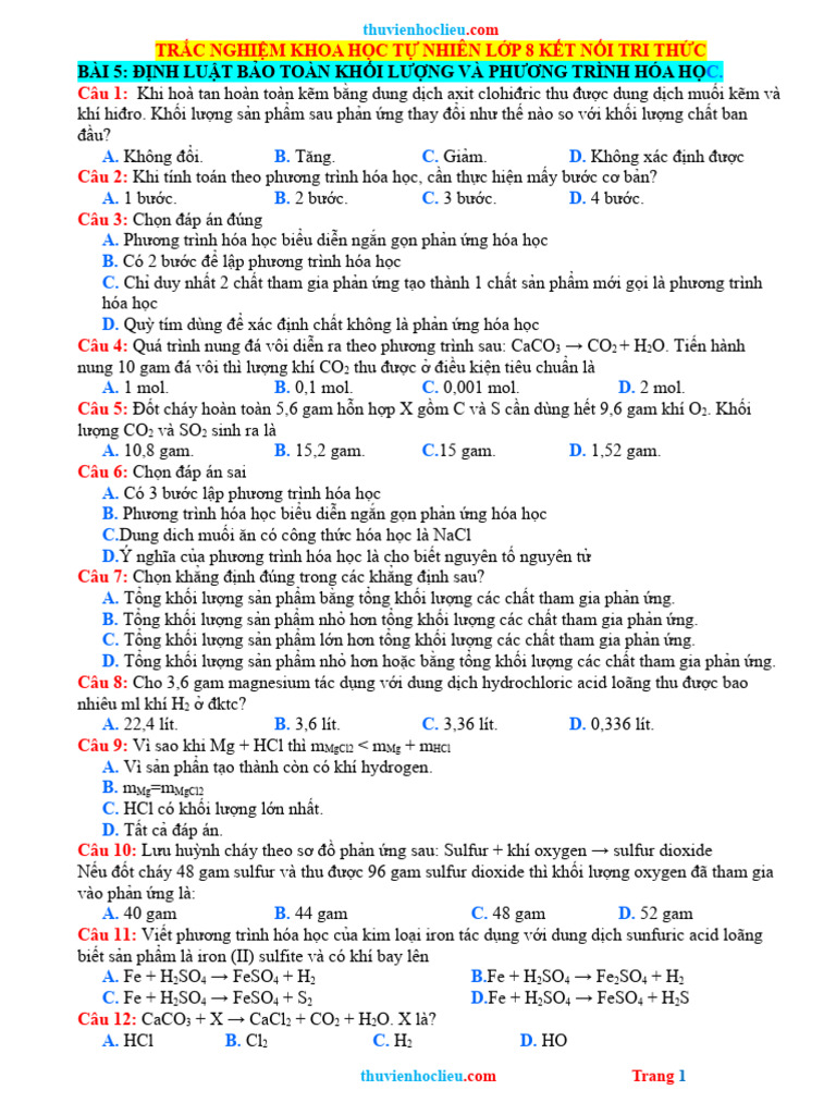 Trac Nghiem KHTN 8 KNTT Bai 5 | PDF