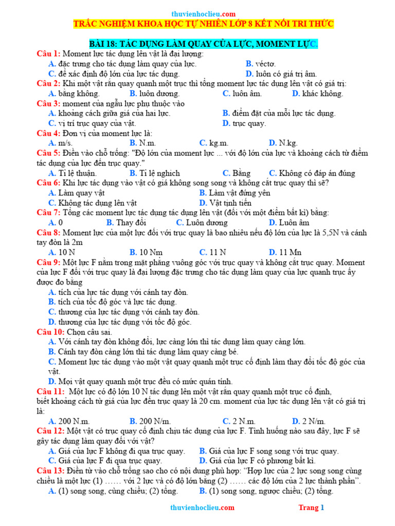 Trac Nghiem KHTN 8 KNTT Bai 18 | PDF