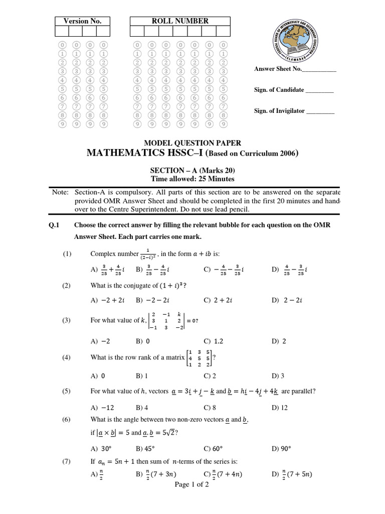 Final HSSC-I Mathematics Model Paper | PDF | Mathematical Physics ...