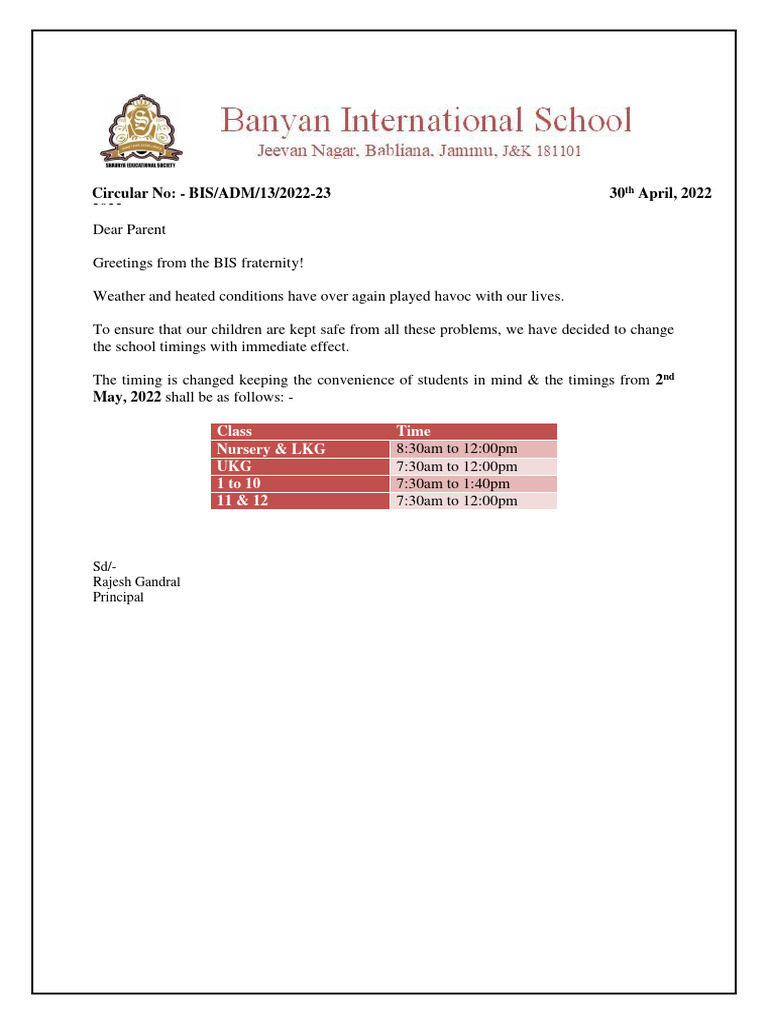 School Time Change Circular | PDF