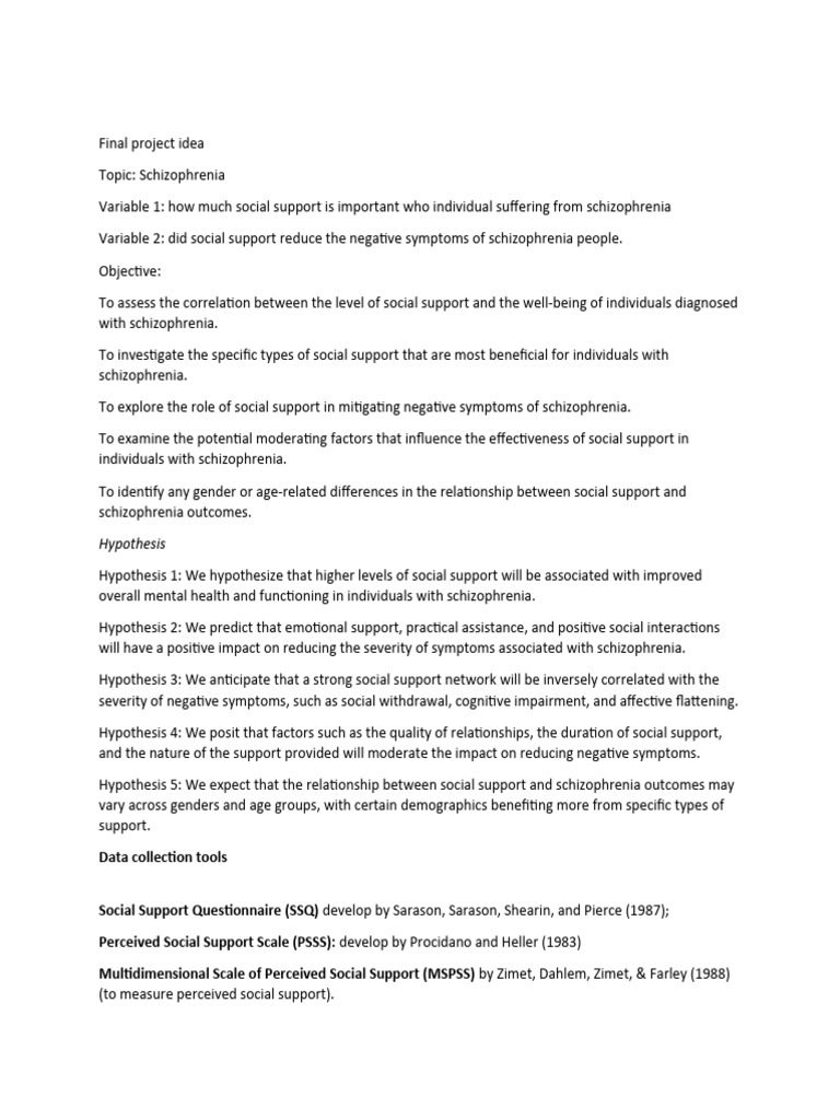 Final Project Idea | PDF | Social Support | Schizophrenia Final Project Idea | PDF | Social Support | Schizophrenia