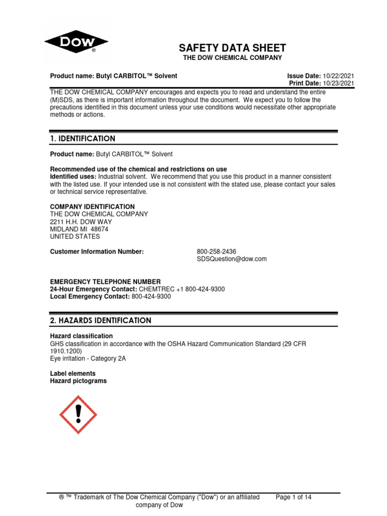 Butyl CARBITOLâ Solvent-Safety Data Sheet-EN | PDF | Toxicity | Firefighter